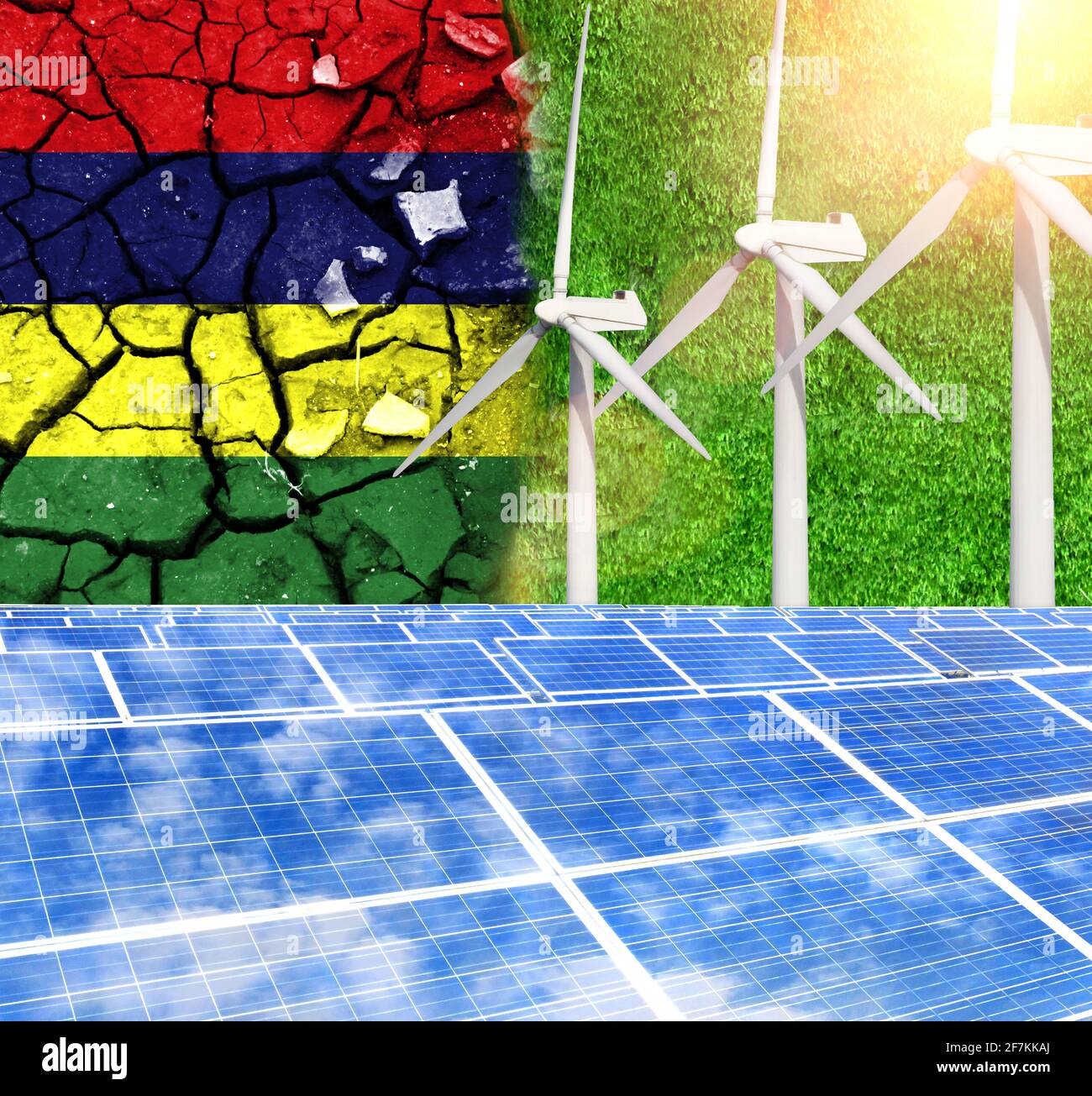 Solar panels on the background with the flag of Mauritius and Wind ...