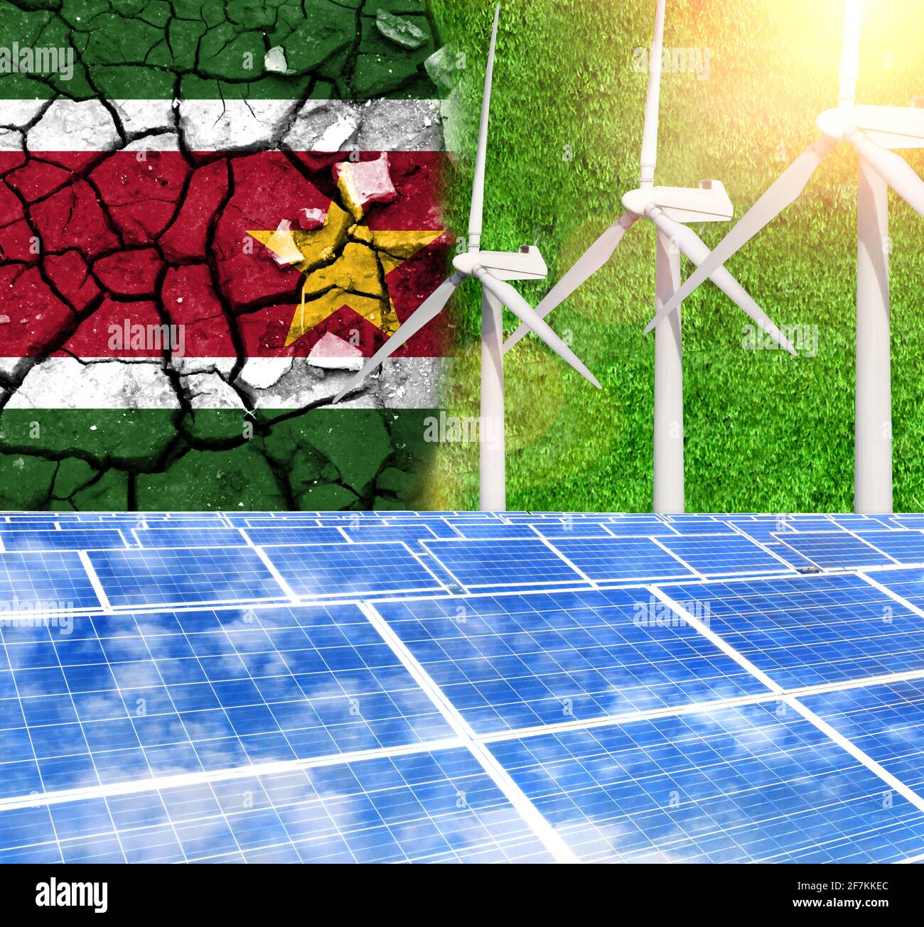 Solar panels on the background with the flag of Suriname and Wind ...