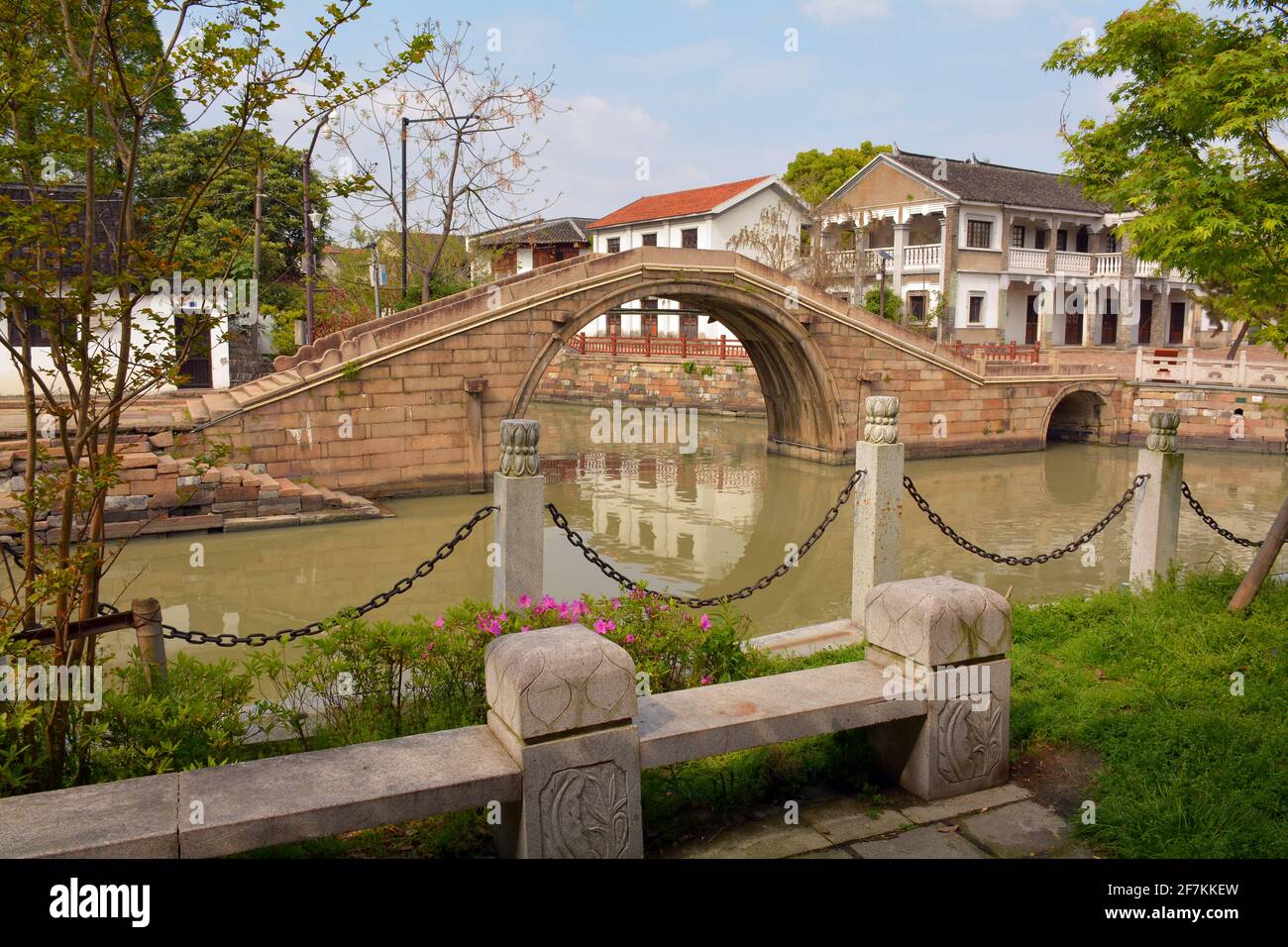 Bridge over the rivers in the water town of Xincheng in Jiaxing, China ...