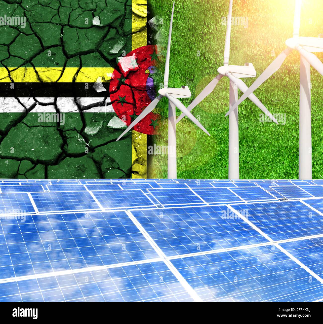 Solar panels on the background with the flag of Dominica and Wind ...