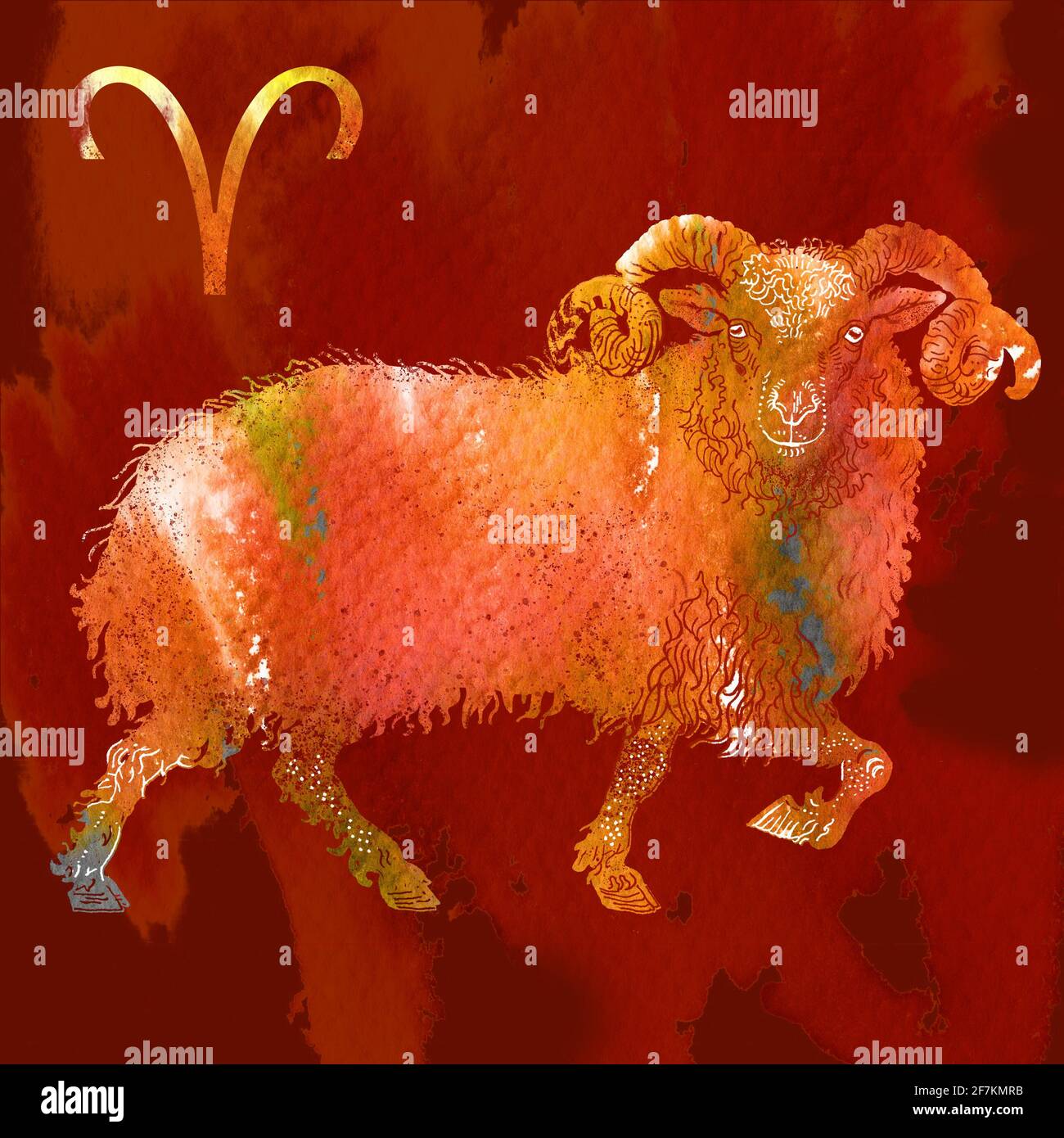 Aries symbol. Ram silhouette on fiery red watercolor texture. Astrology ...