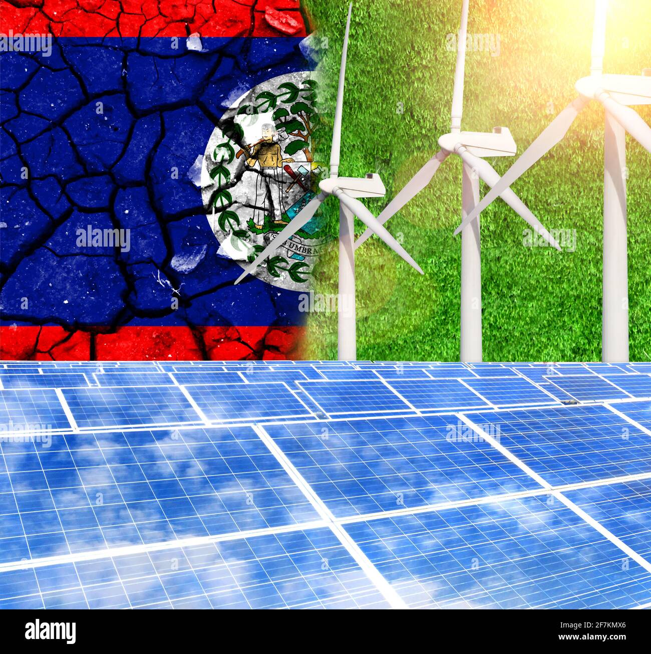 Solar panels on the background with the flag of Belize and Wind Turbine ...