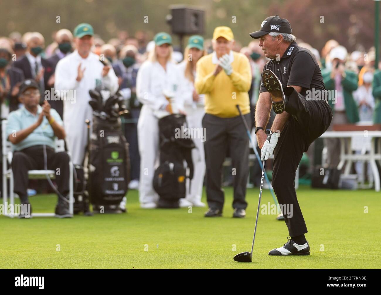 Augusta, United States. 08th Apr, 2021. Gary Player kicks his foot ...