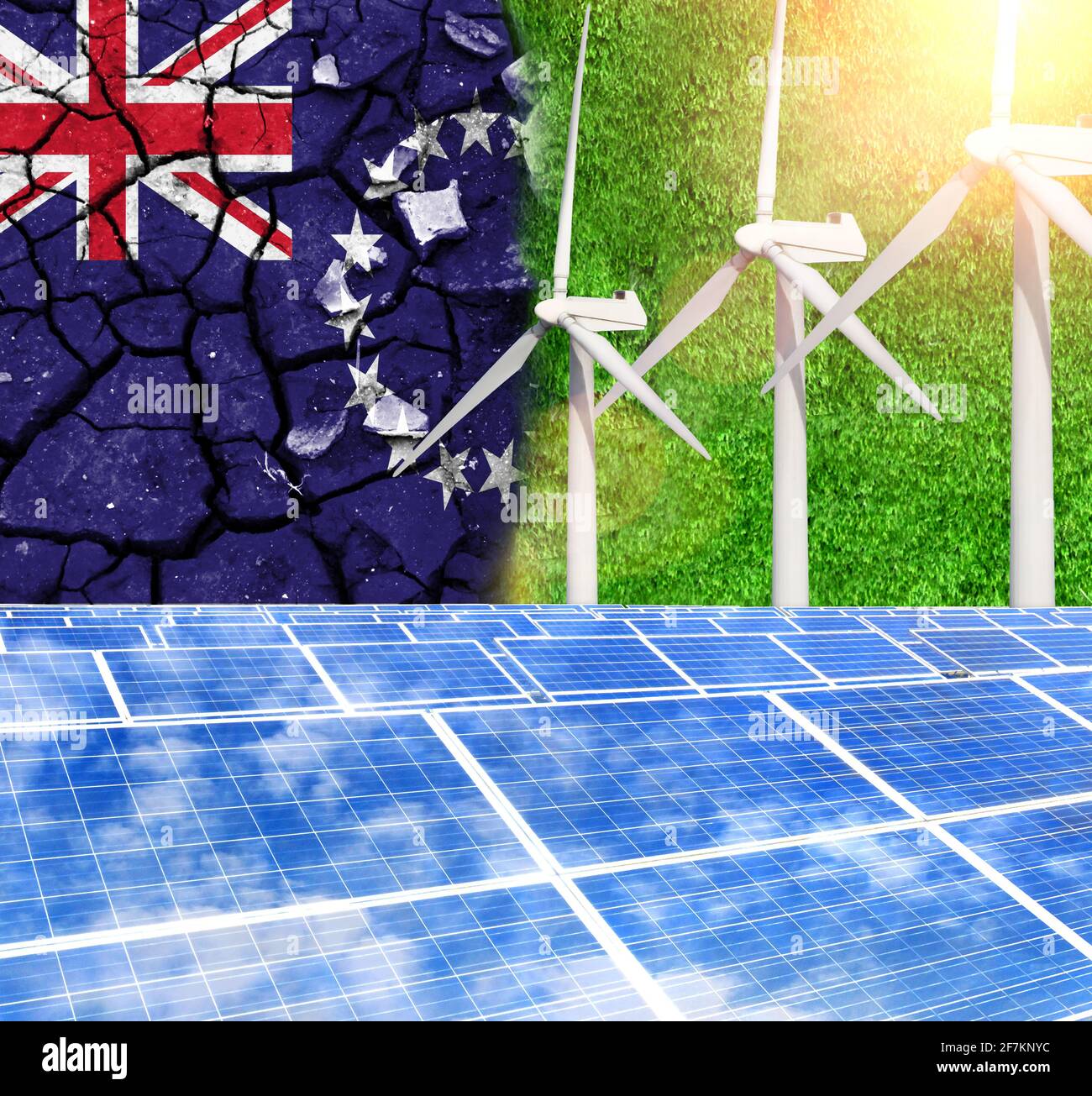Solar panels on the background with the flag of Cook Islands and Wind ...