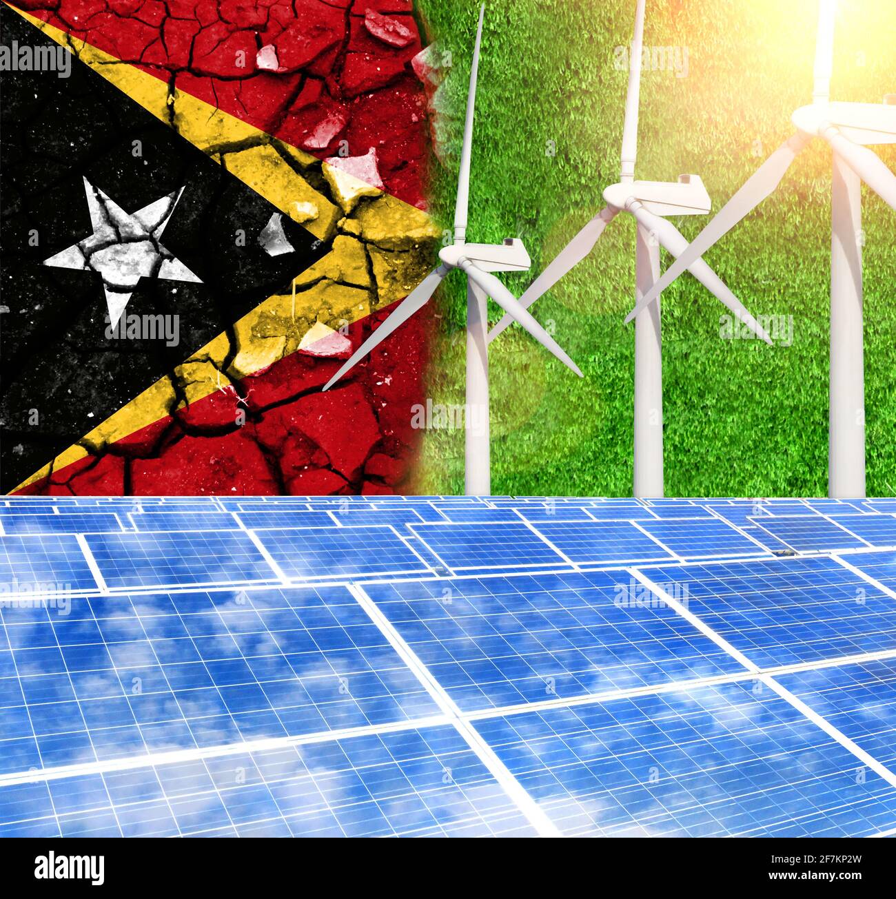 Solar panels on the background with the flag of East Timor and Wind ...