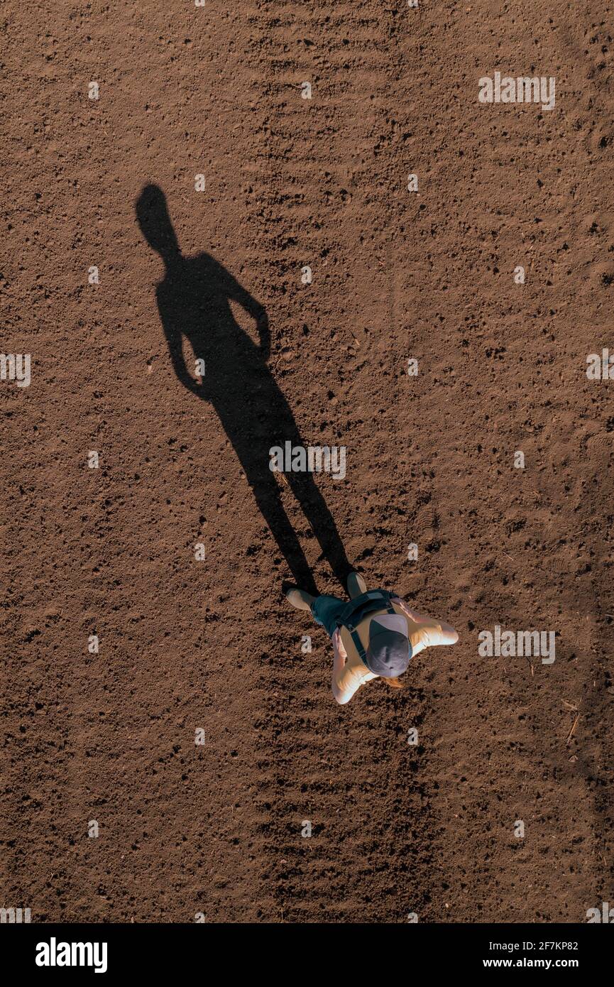 Female farmer standing in ploughed field casting long shadow on the ...