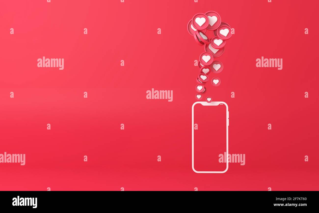Social media love notification icons flowing from a smartphone. 3D ...