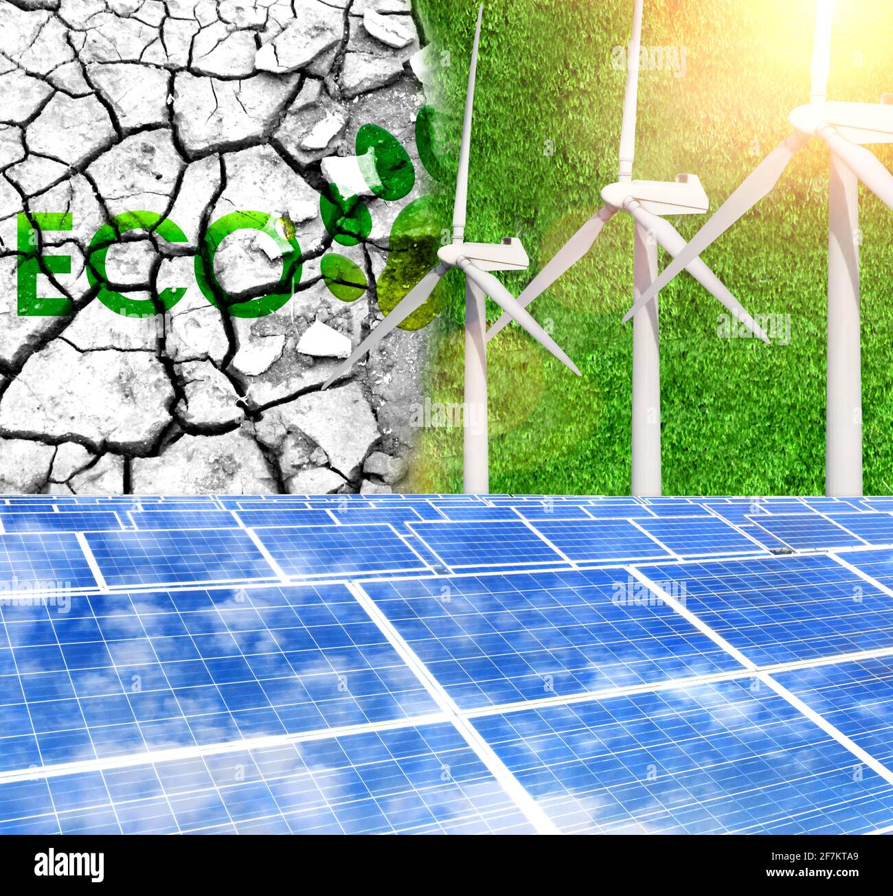 Solar panels on the background with the flag of Ecology logo and Wind ...