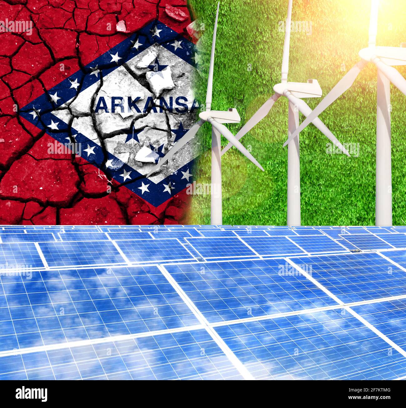Solar panels on the background with the flag State of Arkansas and Wind ...