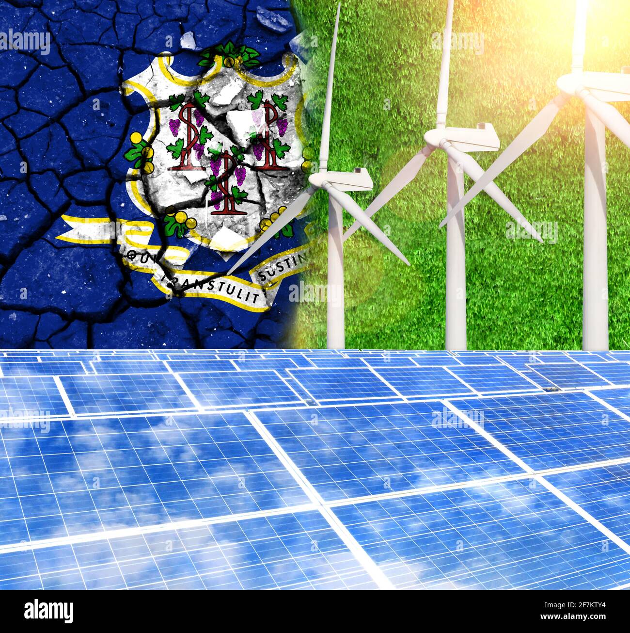 Solar panels on the background with the flag State of Connecticut and ...