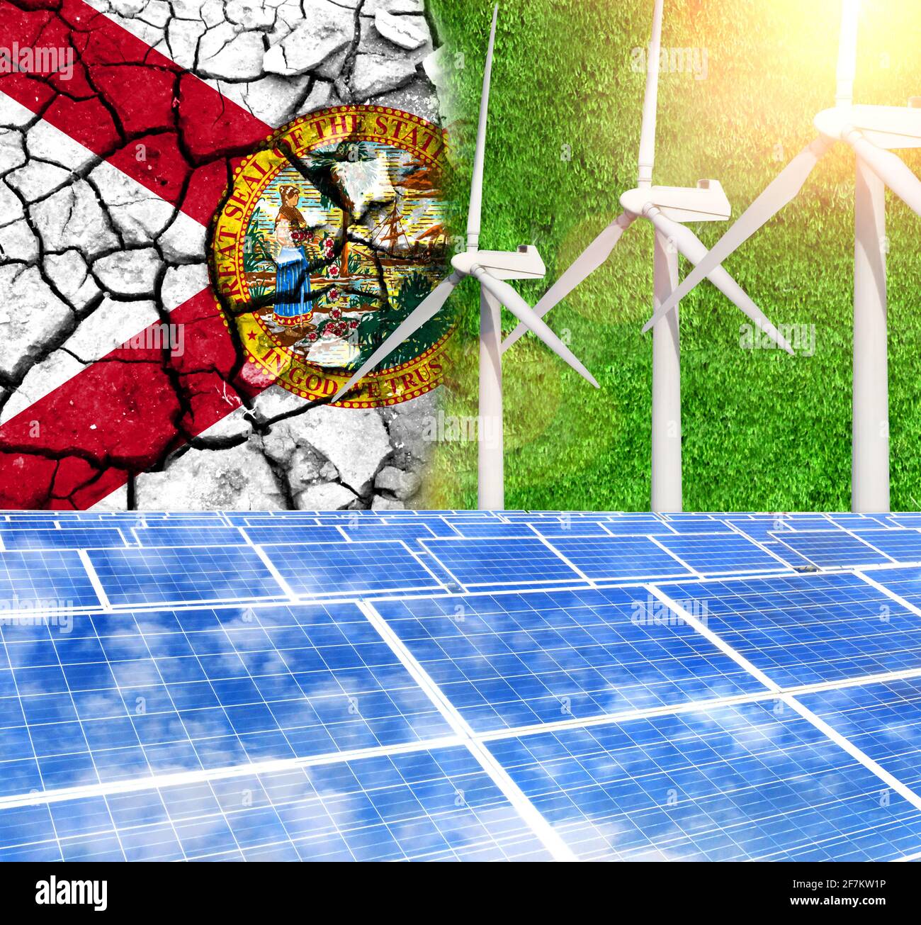 Solar panels on the background with the flag State of Florida and Wind ...