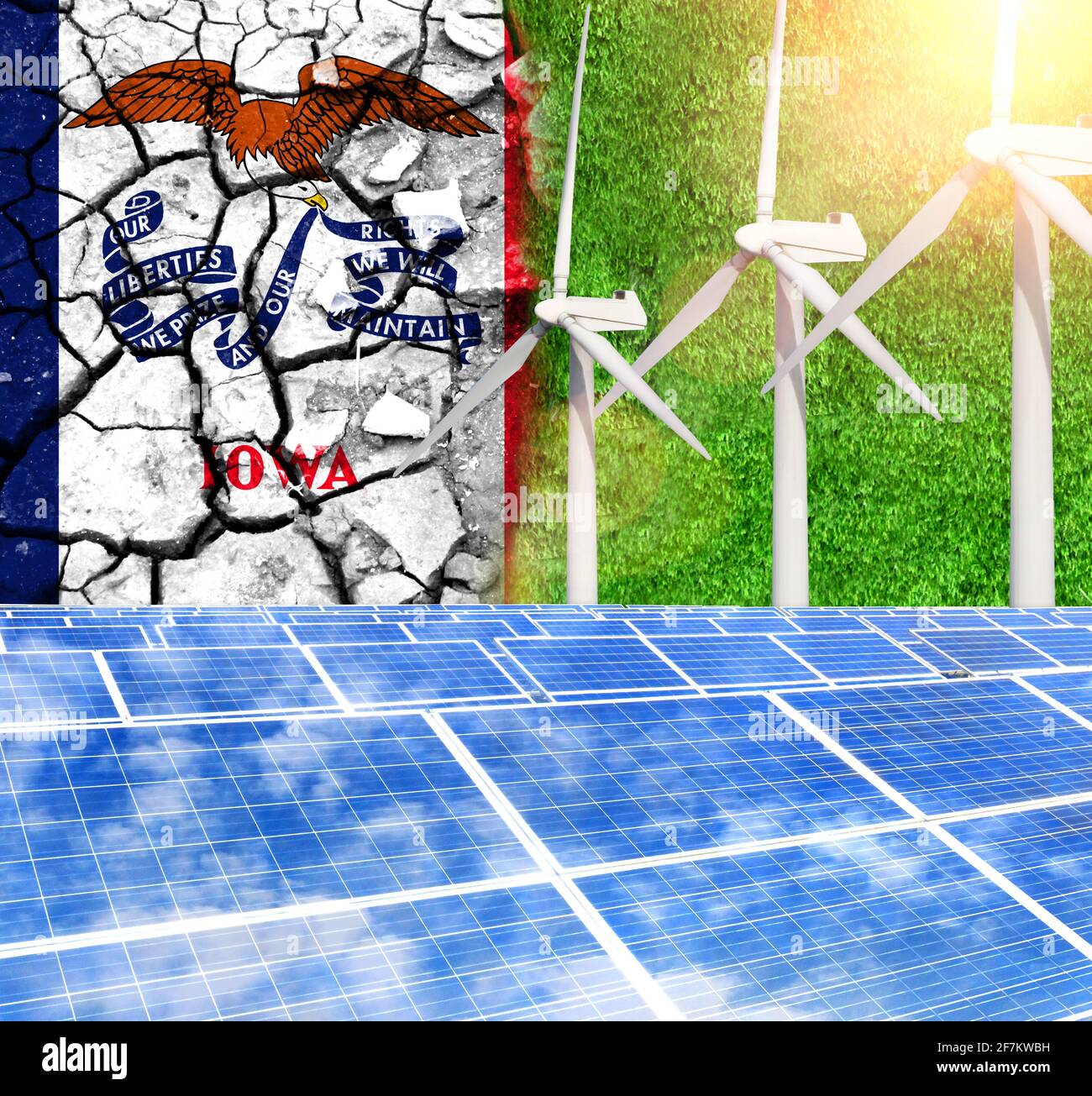Solar panels on the background with the flag State of Iowa and Wind ...
