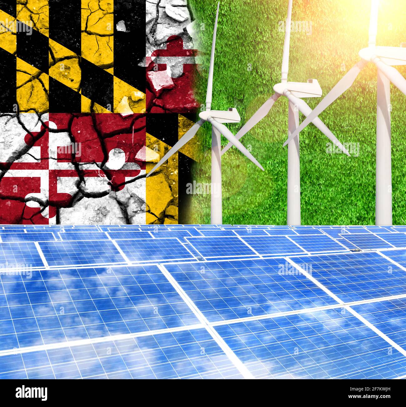 Solar panels on the background with the flag State of Maryland and Wind ...