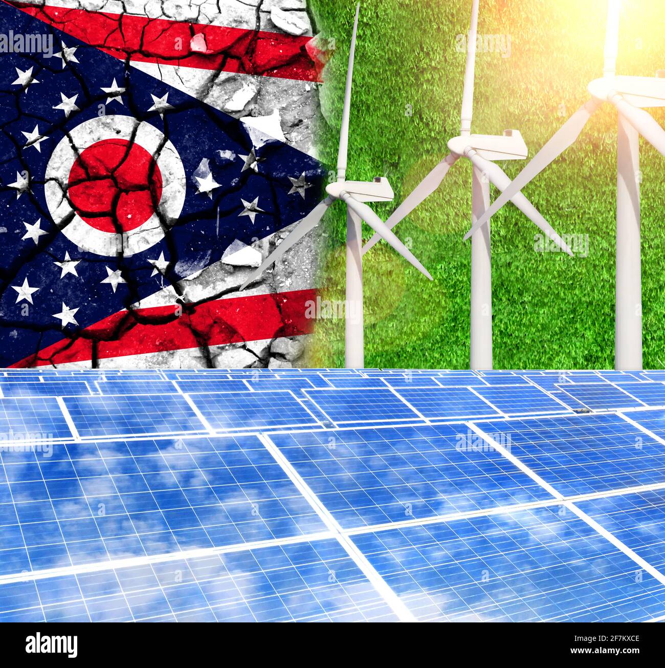 Solar panels on the background with the flag State of Ohio and Wind ...