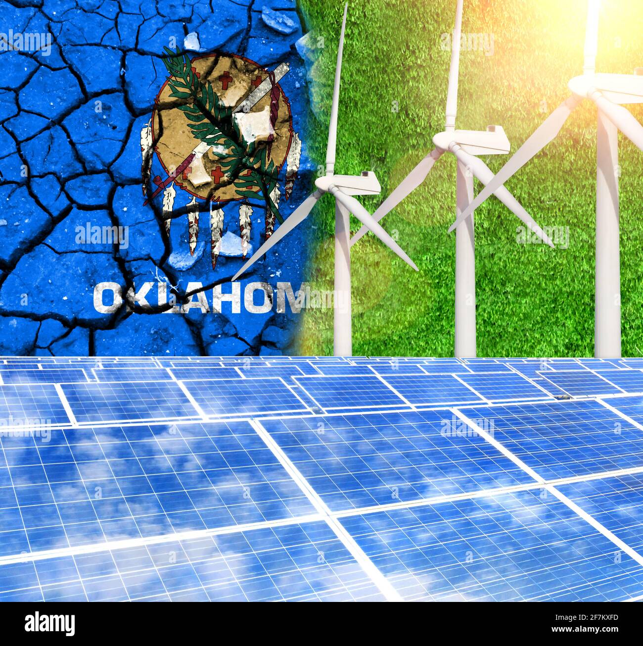 Solar panels on the background with the flag State of Oklahoma and Wind ...