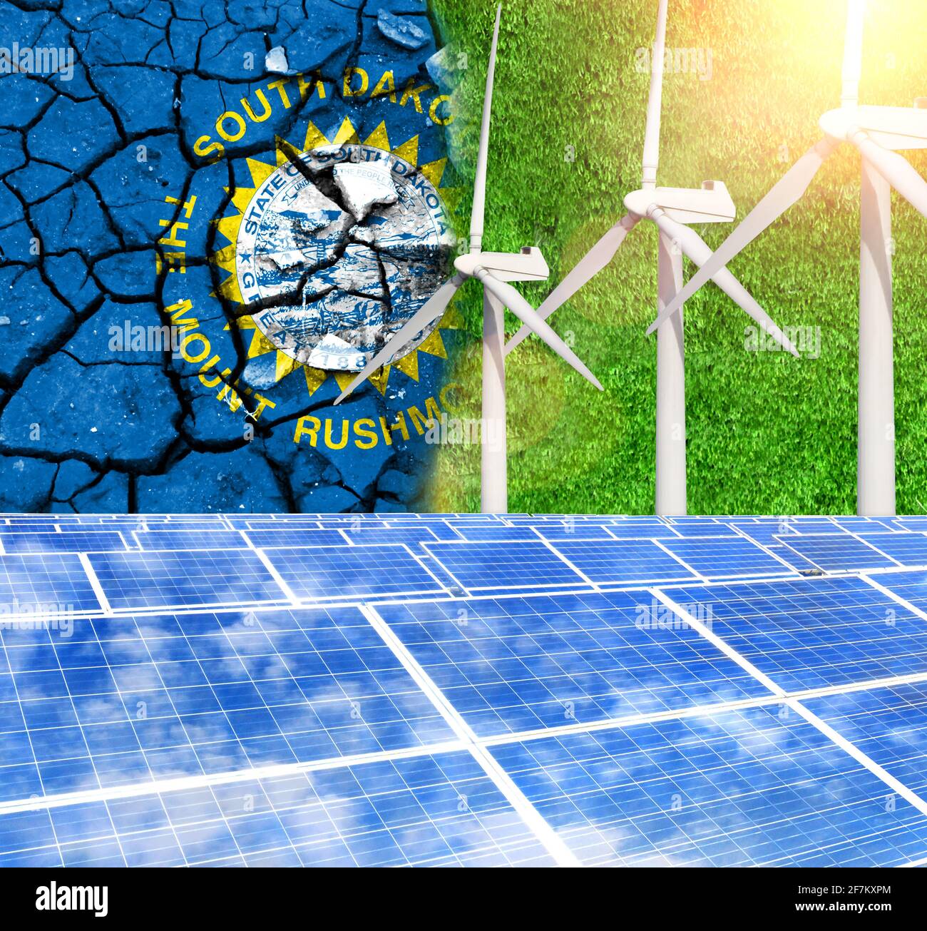 Solar panels on the background with the flag State of South Dakota and ...