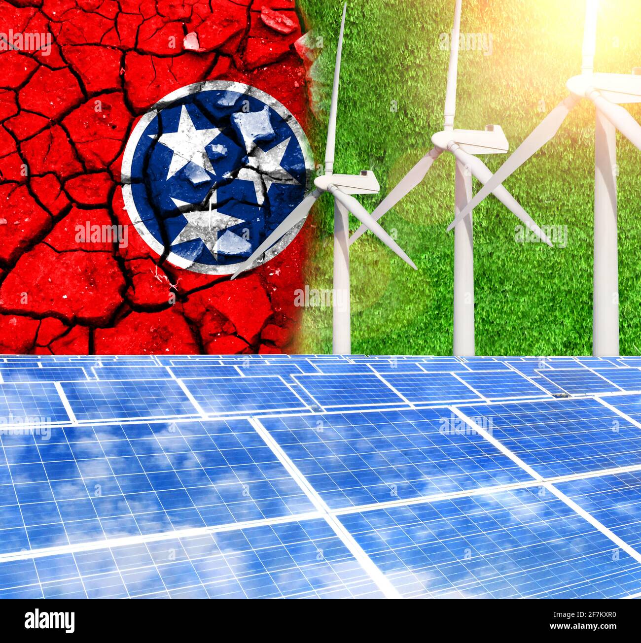 Solar panels on the background with the flag State of Tennessee and ...