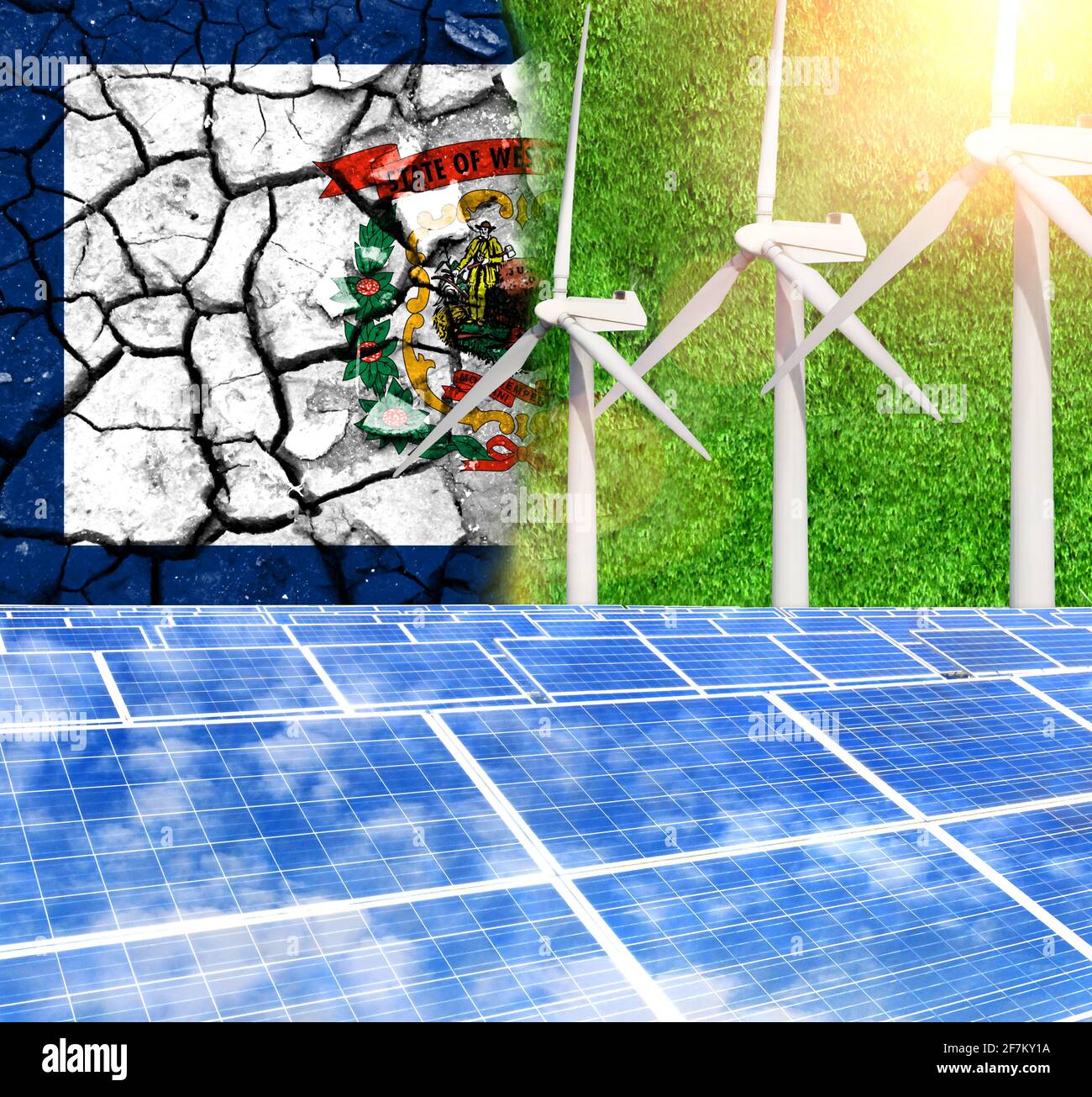 Solar panels on the background with the flag State of West Virginia and ...