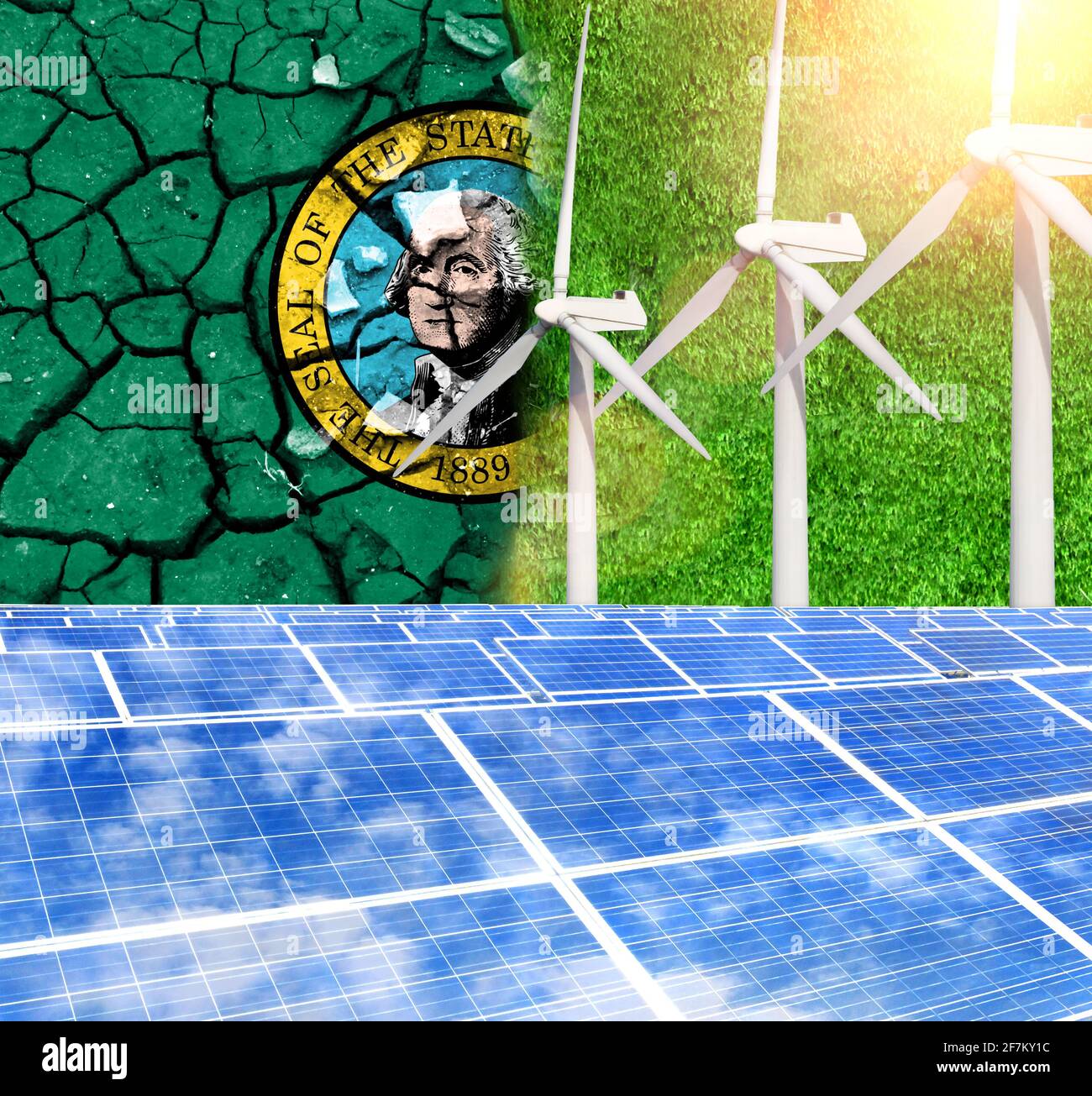 Solar panels on the background with the flag State of Washington and ...
