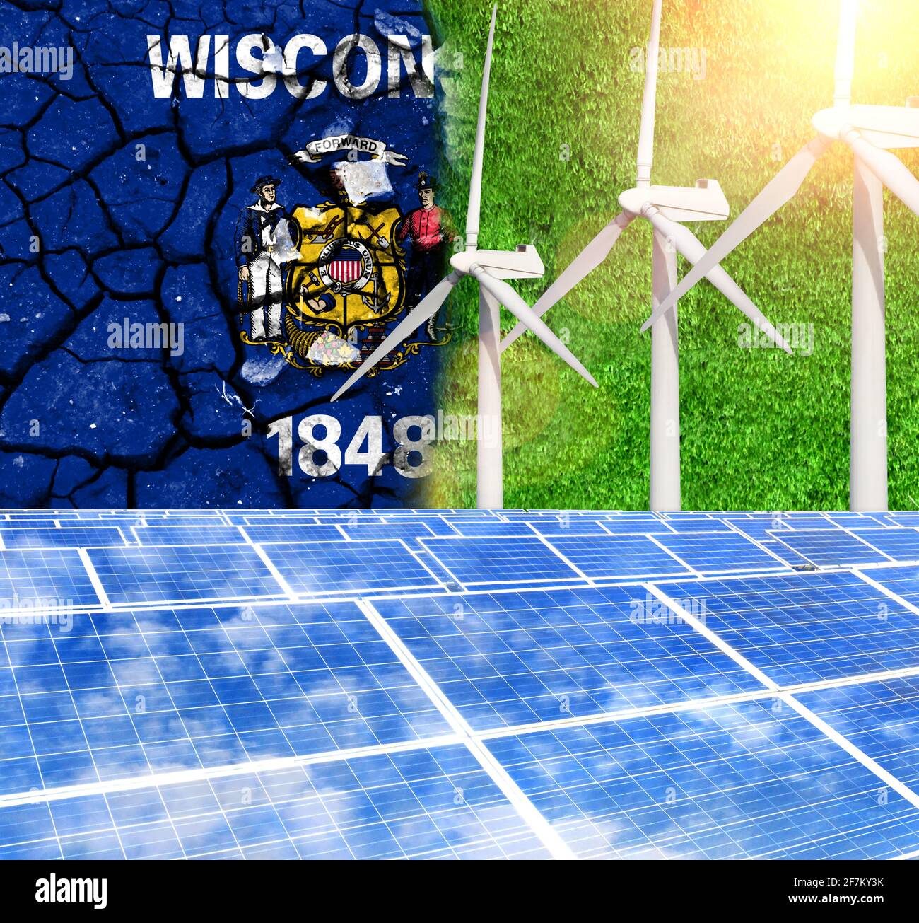 Solar panels on the background with the flag State of Wisconsin and ...