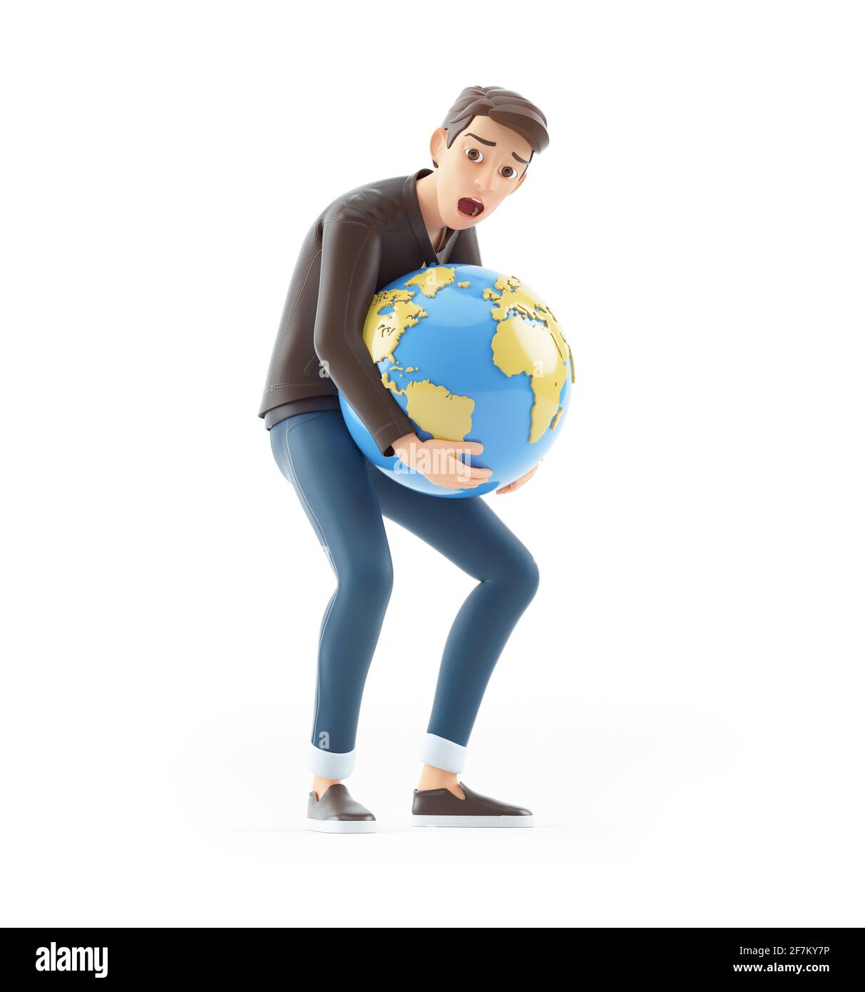 3d cartoon man lifting heavy earth, illustration isolated on white ...