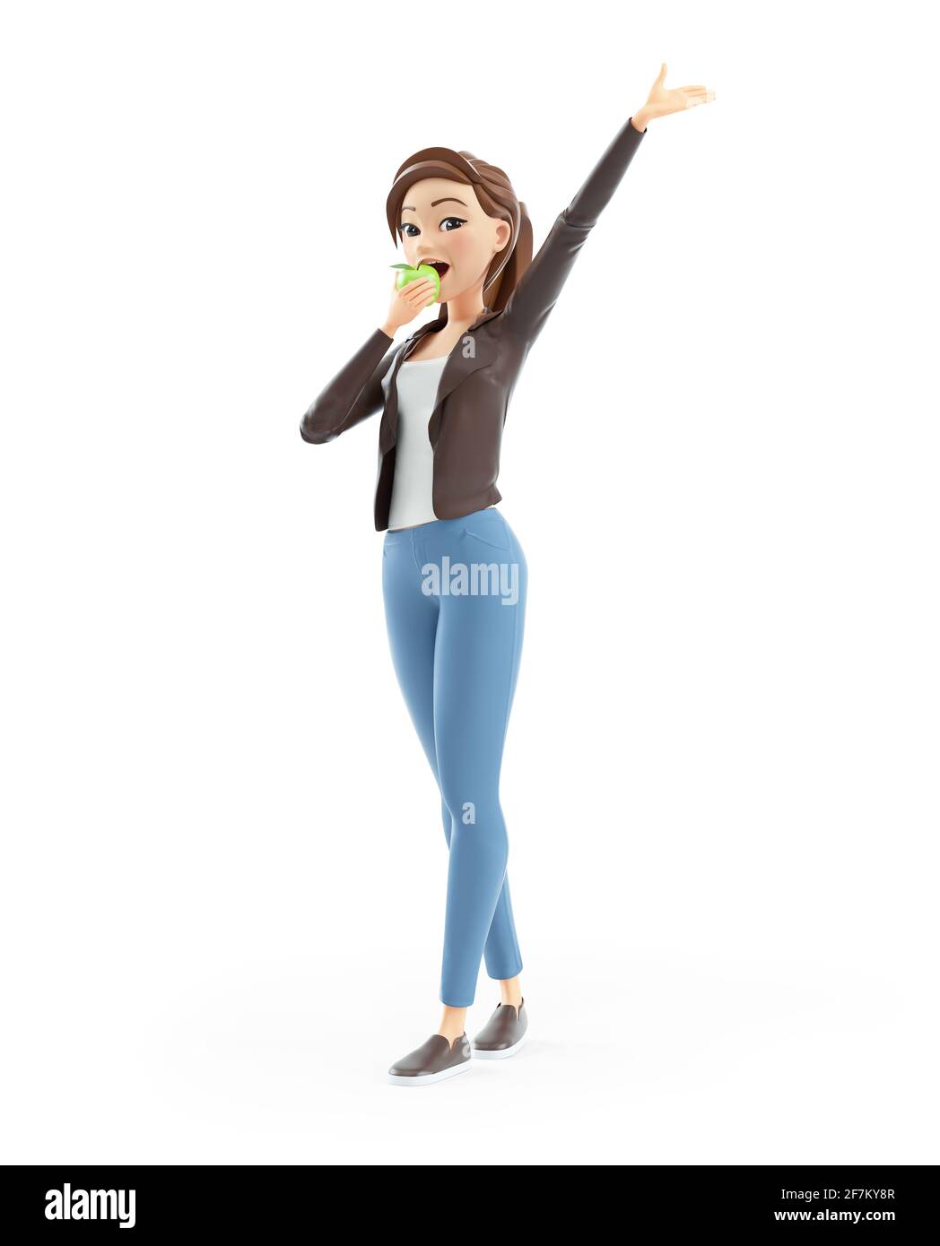 3d cartoon woman eating apple, illustration isolated on white ...