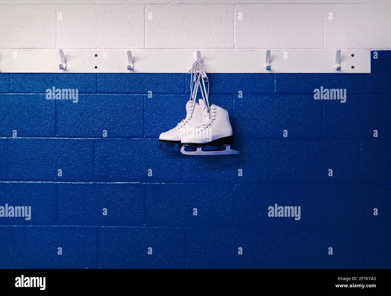 Figure skates hanging over blue wall in locker room with copy space ...