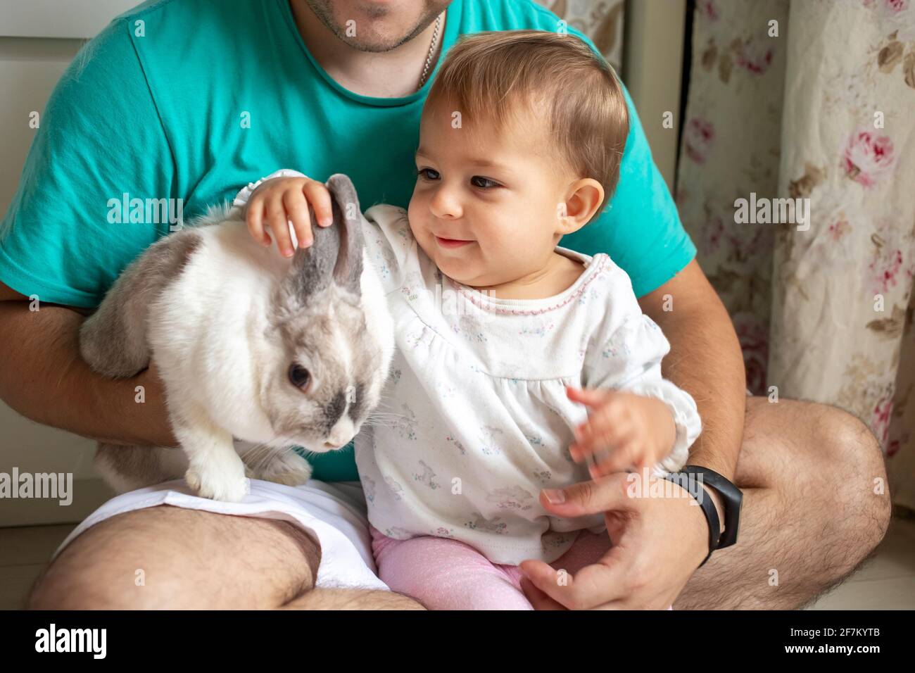 adorable baby sits in dad's arms and strokes a decorative rabbit ...