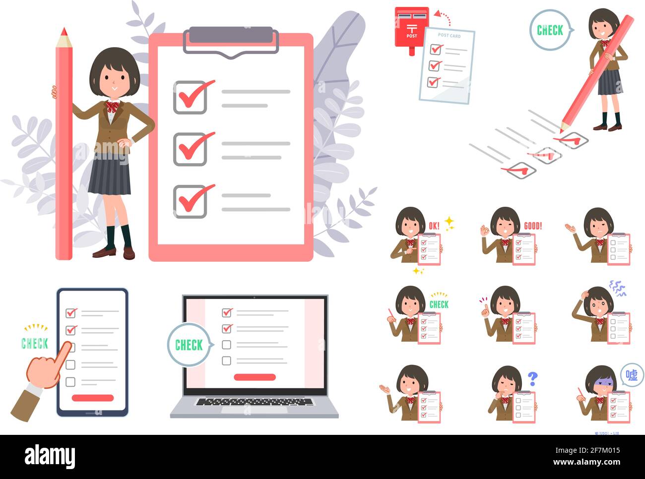 A set of schoolgirl with a check mark.It's vector art so easy to edit ...