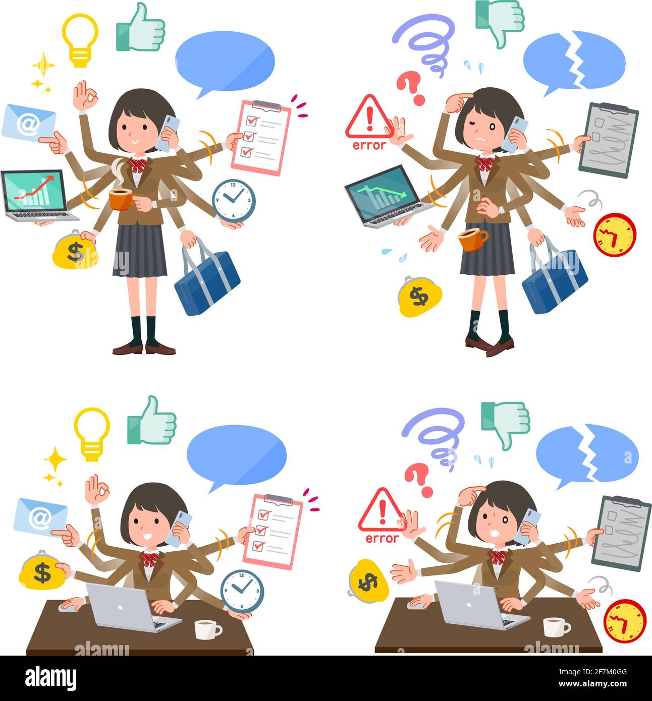 A set of schoolgirl who perform multitasking in the office.It's vector ...