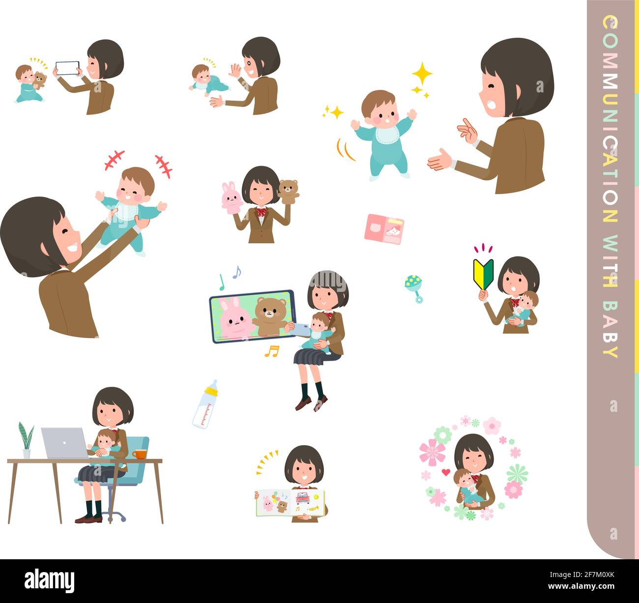 A set of schoolgirl who communicate with their baby.It's vector art so ...