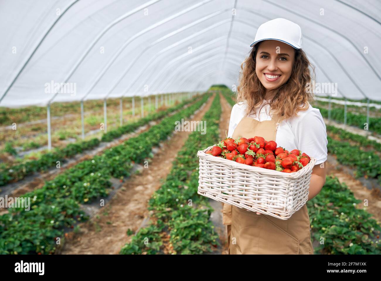 Front view of beautiful female wearing white cap and holding big basket ...