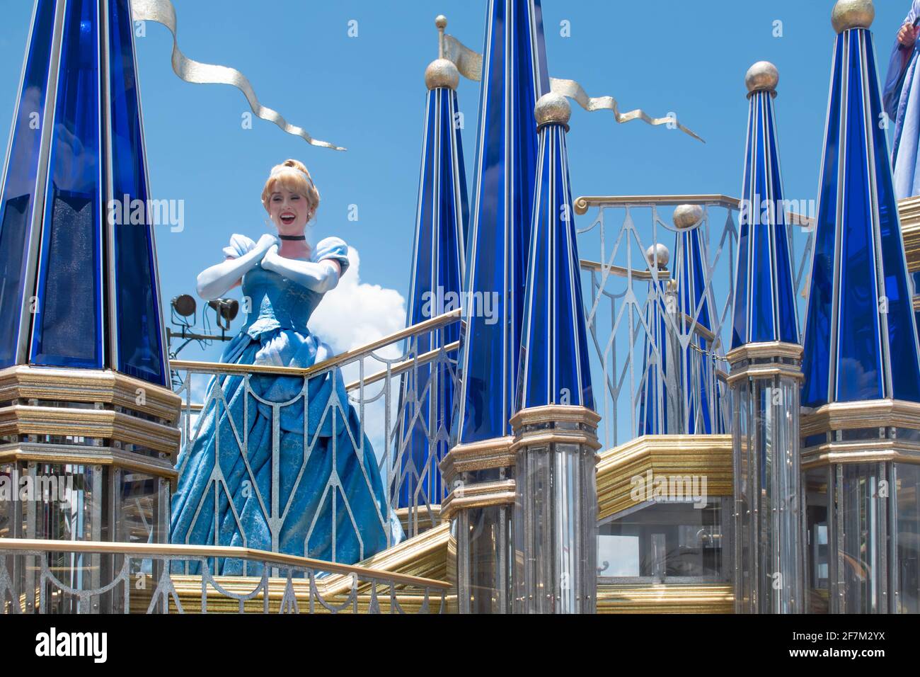 Orlando, Florida. August 04, 2020. Cinderella on beautiful parade float ...