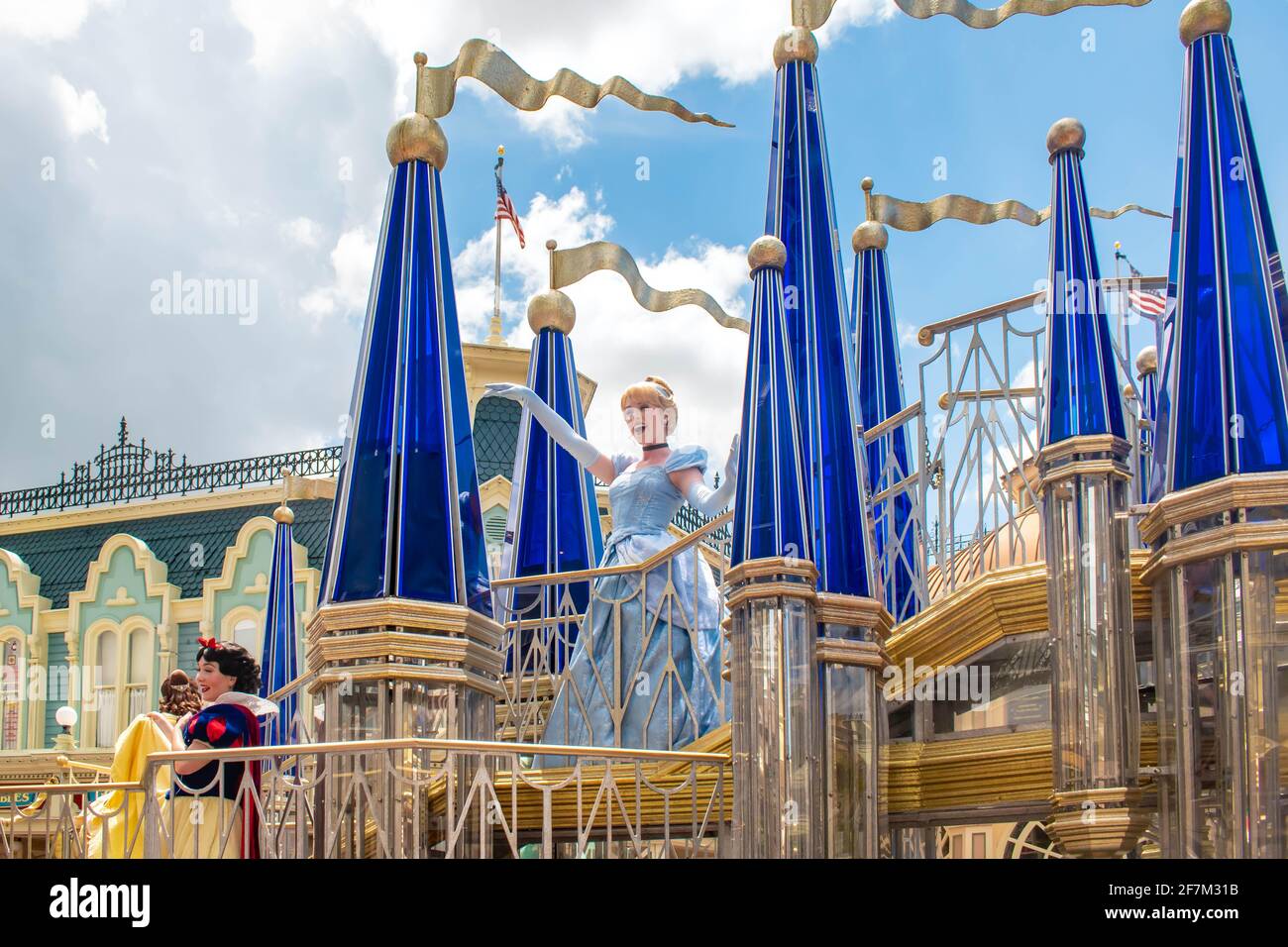 Orlando, Florida. August 04, 2020. Cinderella on beautiful parade float ...