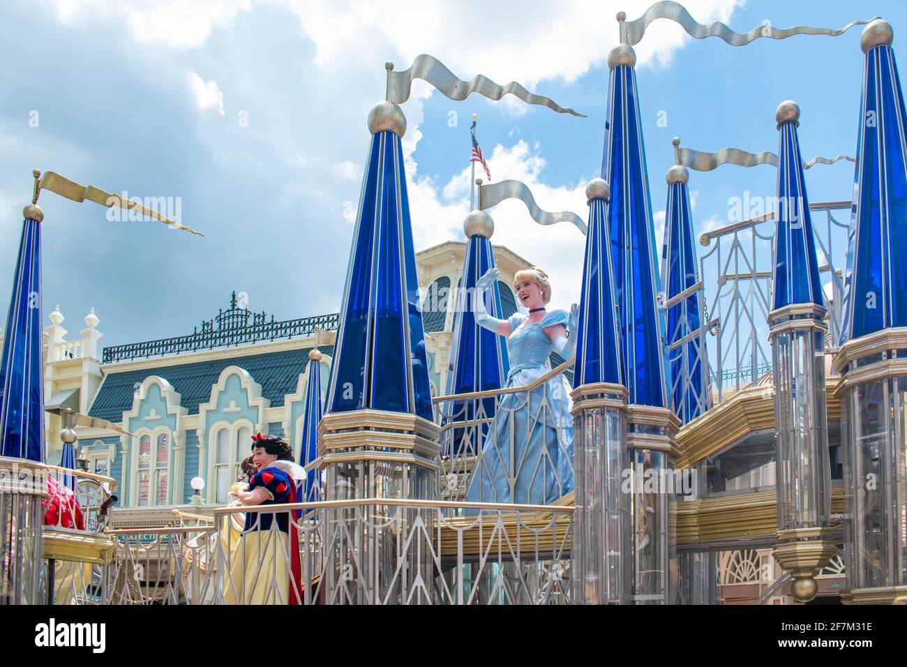Orlando, Florida. August 04, 2020. Cinderella on beautiful parade float ...