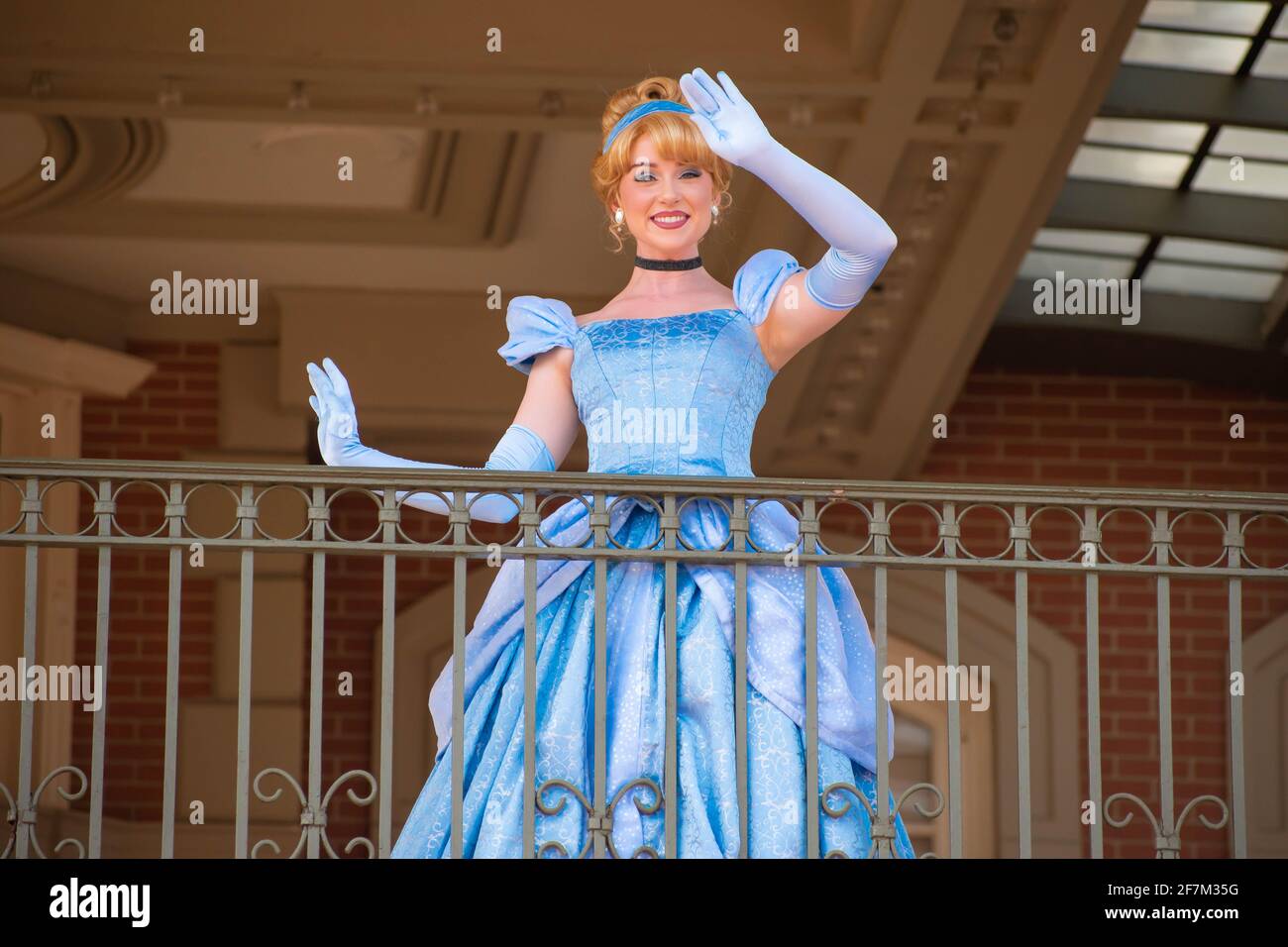 Orlando, Florida. August 04, 2020. Donald Duck waving from the balcony ...