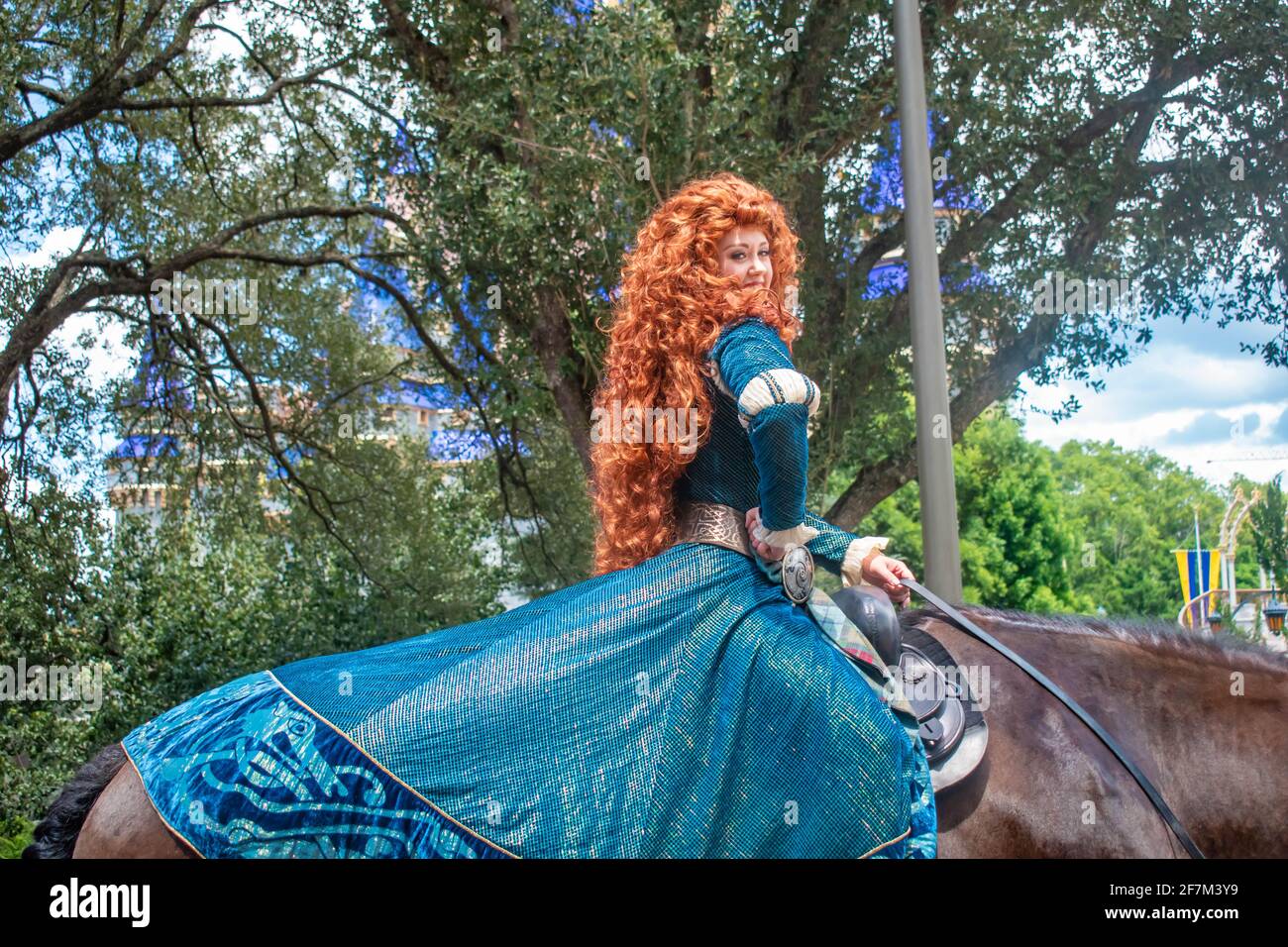 Orlando, Florida. August 04, 2020. Merida riding horse on beautiful ...
