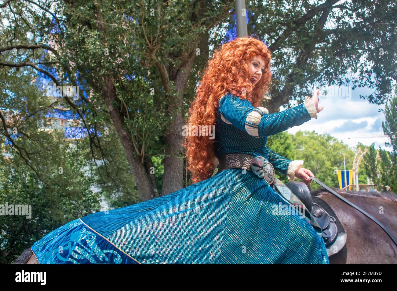 Orlando, Florida. August 04, 2020. Merida riding horse on beautiful ...