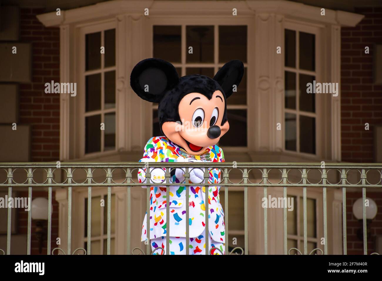 Orlando, Florida. August 04, 2020. Mickey Mouse waving from the balcony ...