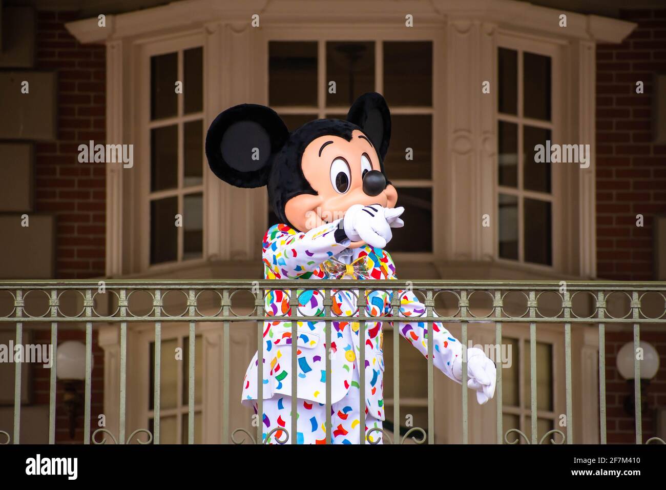 Orlando, Florida. August 04, 2020. Mickey Mouse waving from the balcony ...