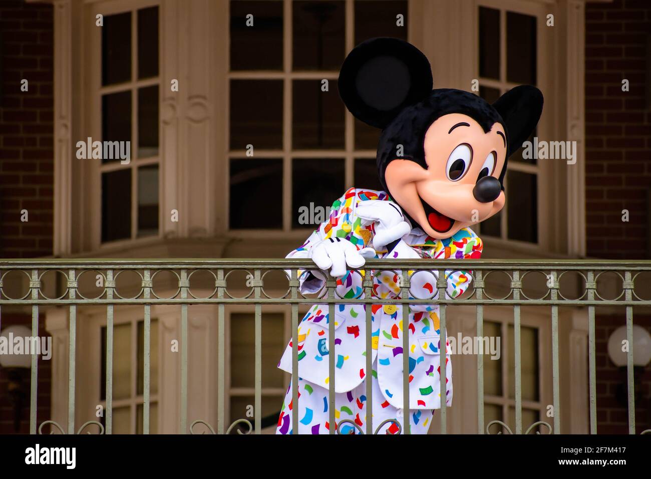 Orlando, Florida. August 04, 2020. Mickey Mouse waving from the balcony ...