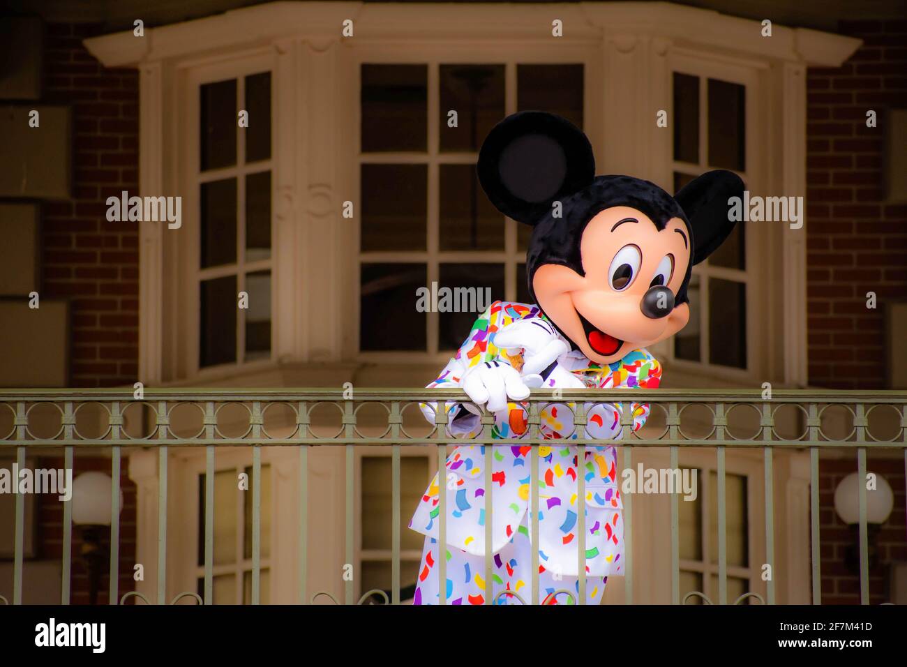 Orlando, Florida. August 04, 2020. Mickey Mouse waving from the balcony ...