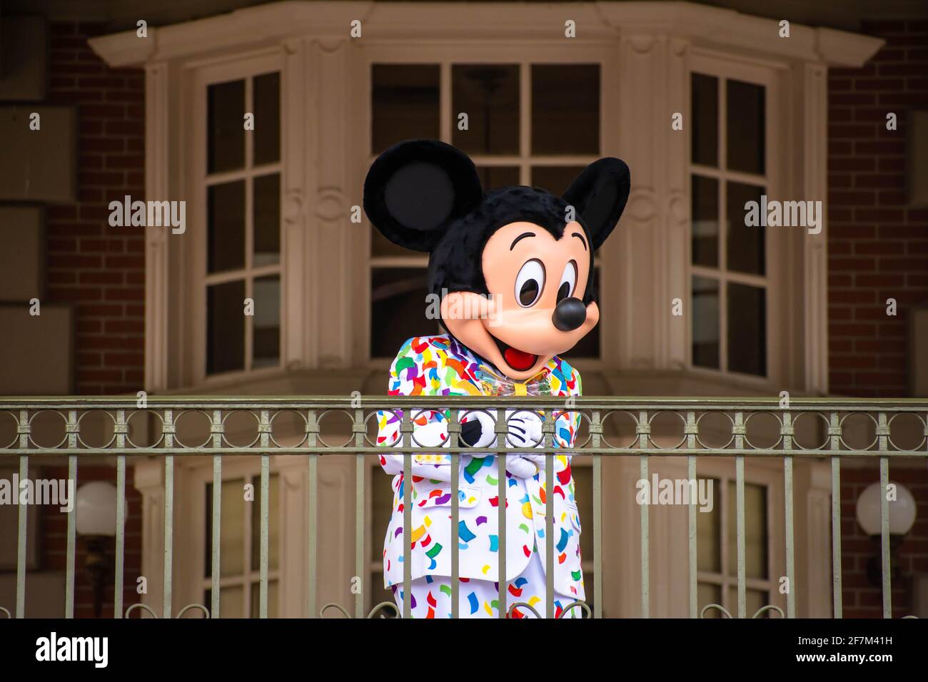 Orlando, Florida. August 04, 2020. Mickey Mouse waving from the balcony ...