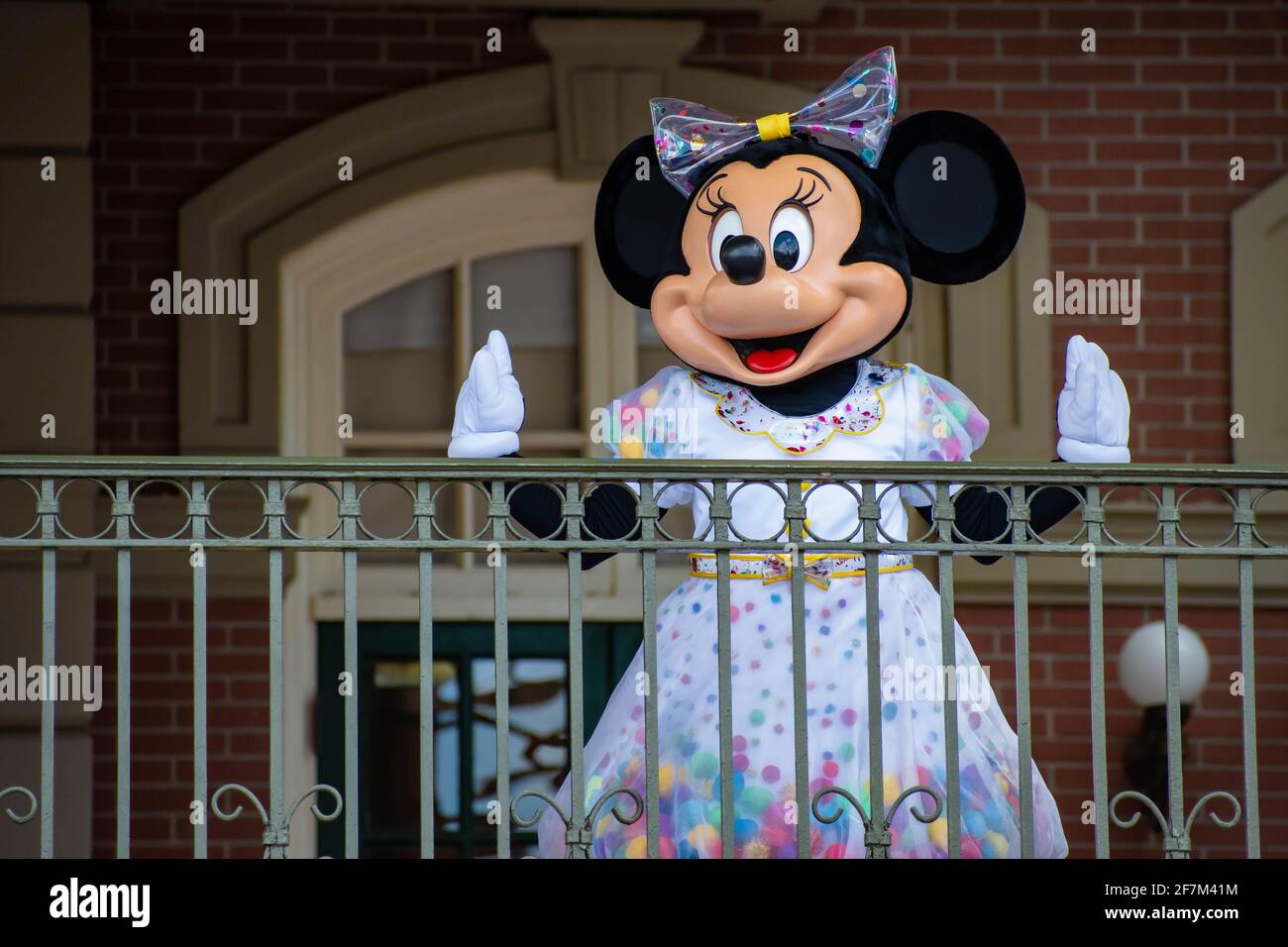 Orlando, Florida. August 04, 2020. Minnie Mouse waving from the balcony ...