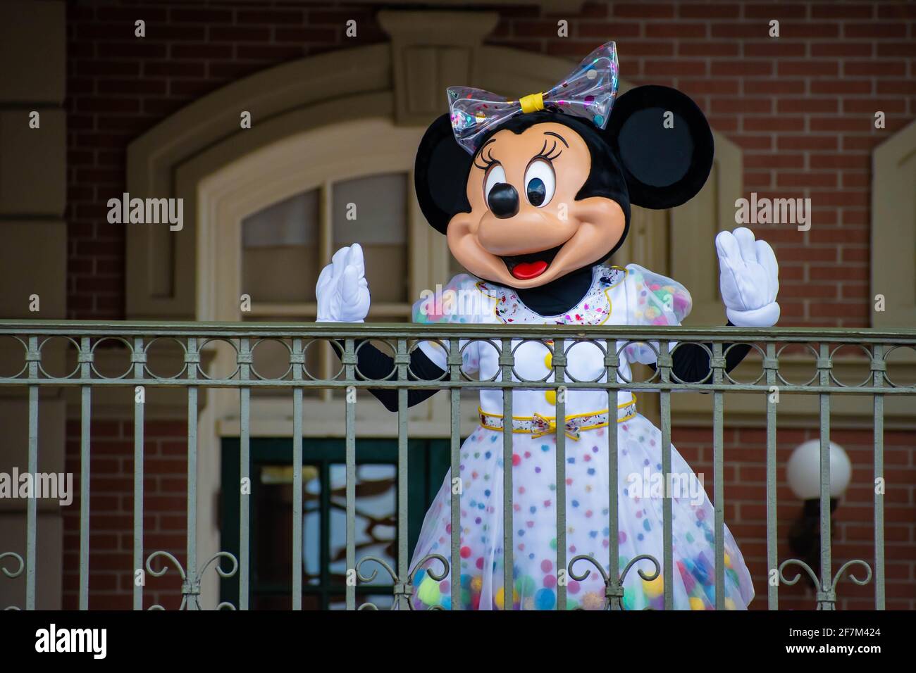 Orlando, Florida. August 04, 2020. Minnie Mouse waving from the balcony ...