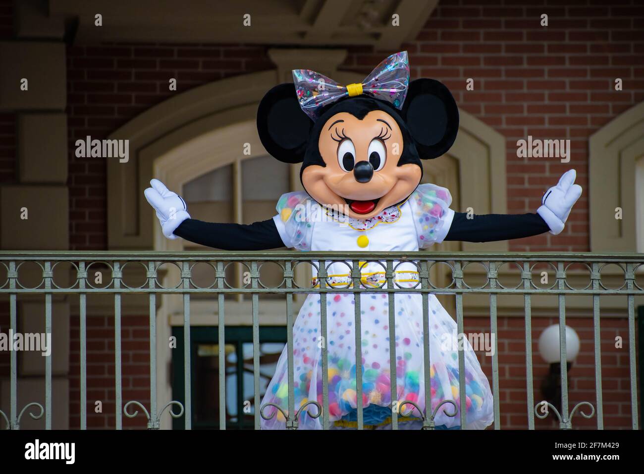 Orlando, Florida. August 04, 2020. Minnie Mouse waving from the balcony ...