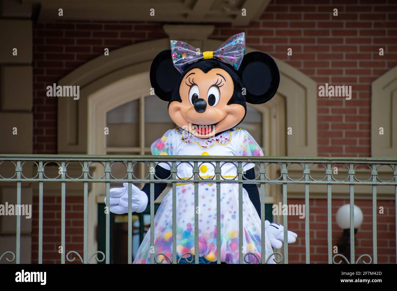 Orlando, Florida. August 04, 2020. Minnie Mouse waving from the balcony ...