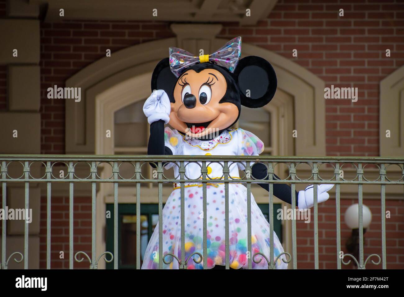 Orlando, Florida. August 04, 2020. Minnie Mouse waving from the balcony ...