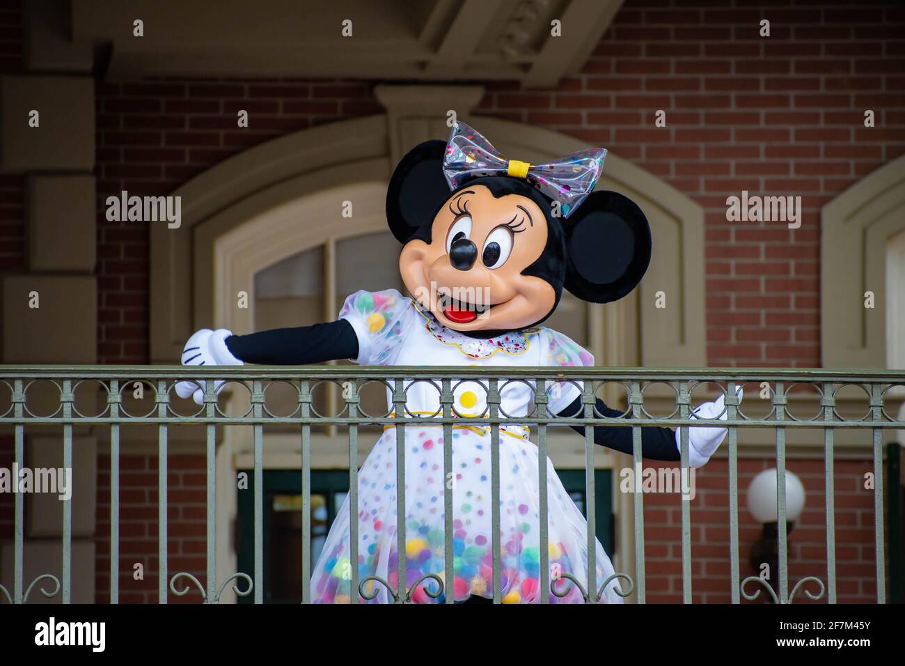 Orlando, Florida. August 04, 2020. Minnie Mouse waving from the balcony ...
