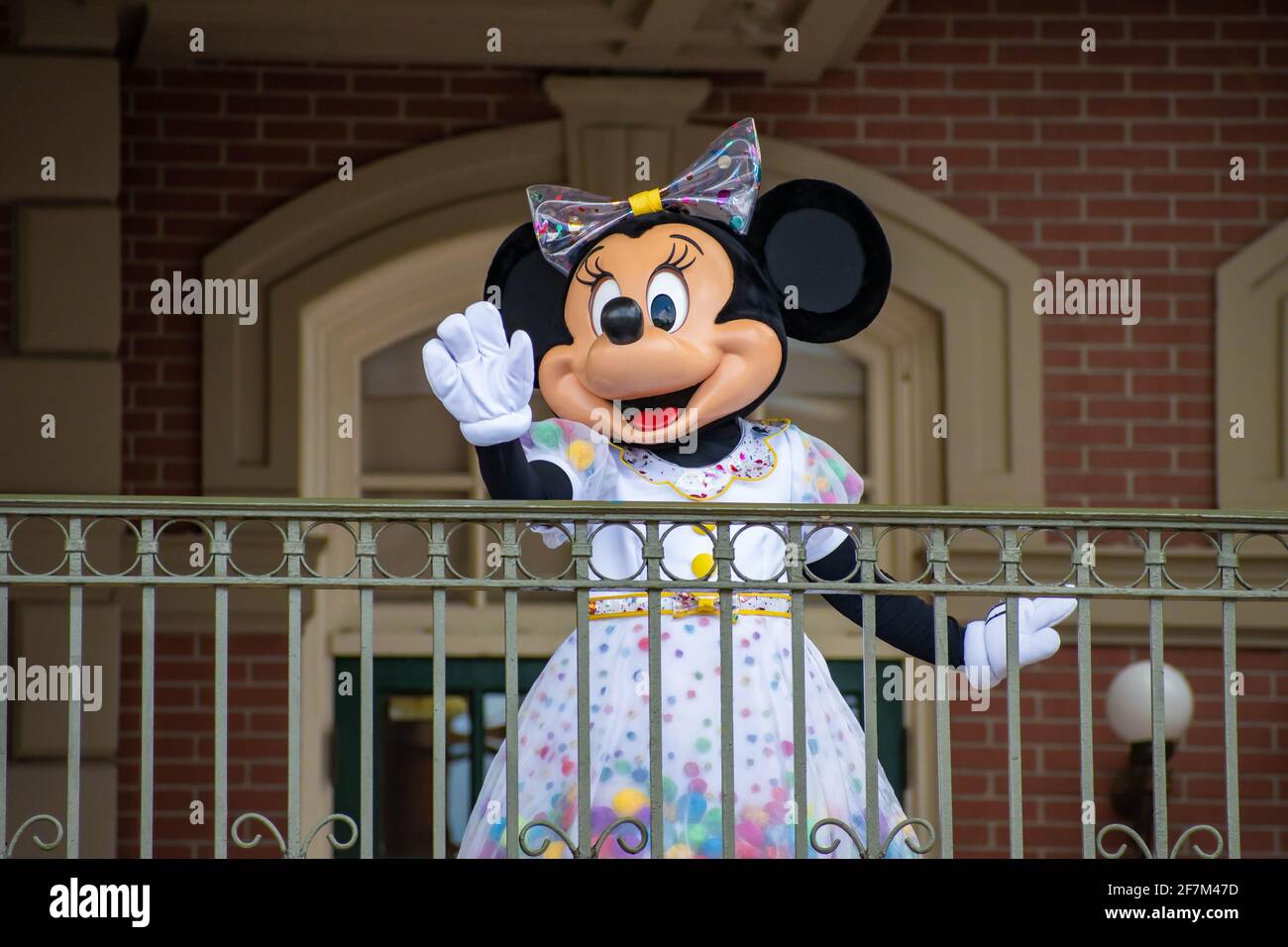 Orlando, Florida. August 04, 2020. Minnie Mouse waving from the balcony ...